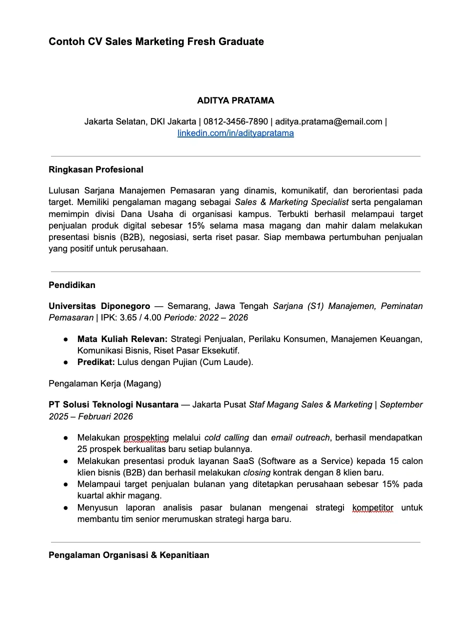 7 Contoh CV Sales Marketing yang ATS-Friendly [+Gratis Template] | Dealls
