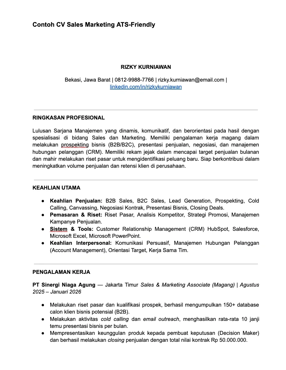 7 Contoh CV Sales Marketing yang ATS-Friendly [+Gratis Template] | Dealls