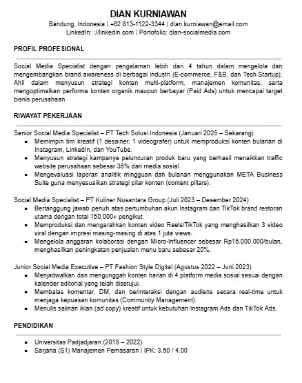 7 Contoh CV Social Media Specialist ATS Friendly, Download Gratis! | Dealls