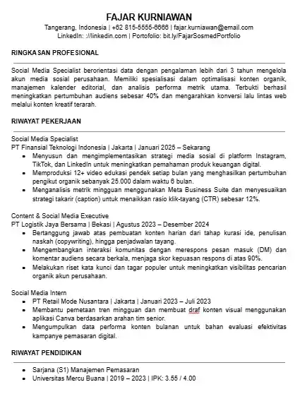 7 Contoh CV Social Media Specialist ATS Friendly, Download Gratis! | Dealls