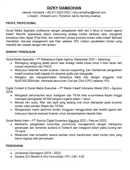 7 Contoh CV Social Media Specialist ATS Friendly, Download Gratis! | Dealls