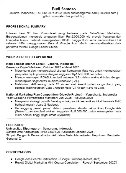 8 Contoh CV Performance Marketing ATS Friendly, Download Gratis! | Dealls